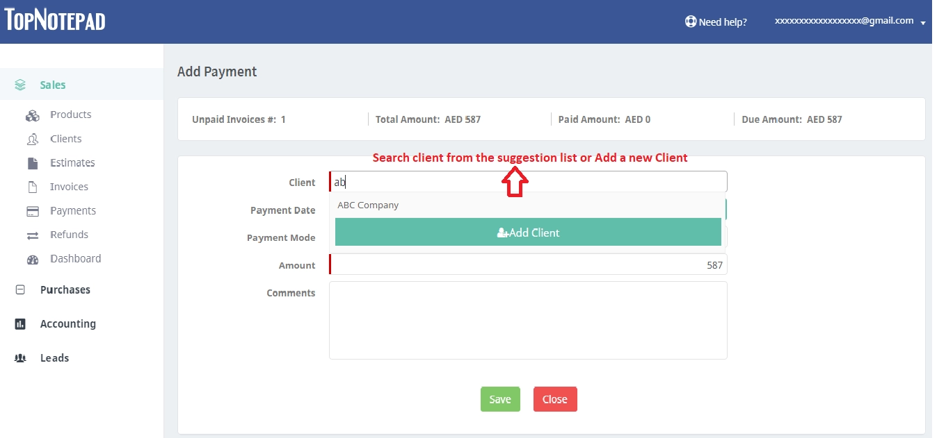 Steps to log a payment received from client