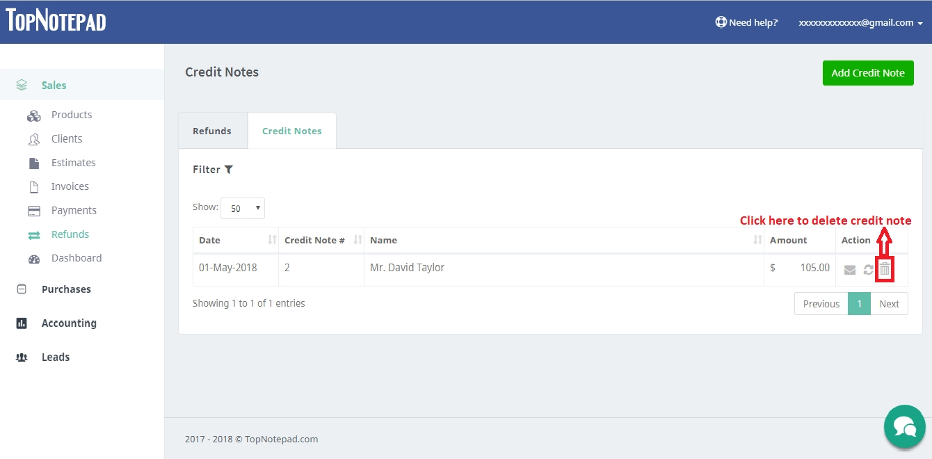 Steps to delete credit note
