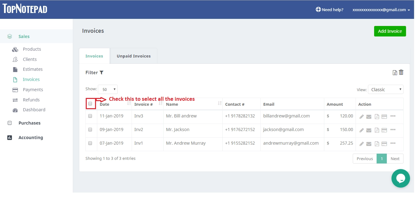 Steps to delete multiple invoices