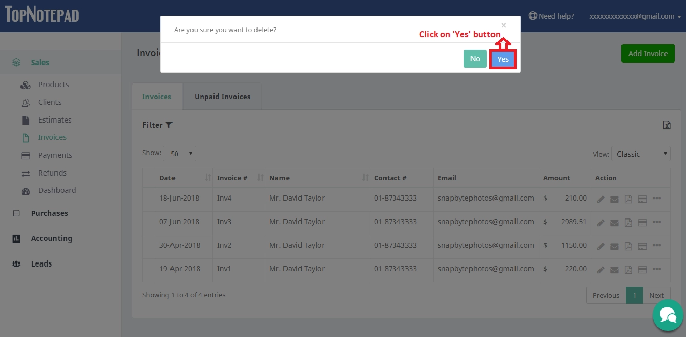 Steps to delete invoice