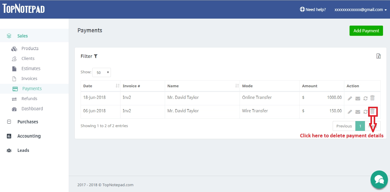 Steps to delete payment receipt