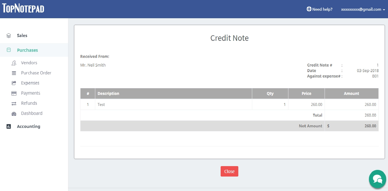 steps to log credit note against purchase