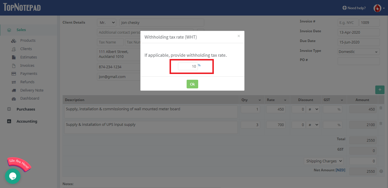 Steps to add withholding tax